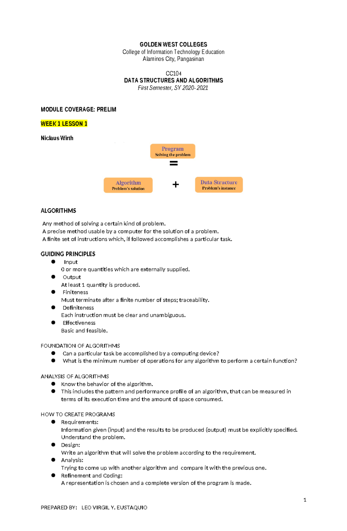 Module CC 104 Data Structures and Algorithms - GOLDEN WEST COLLEGES ... Module CC 104 Data Structures and Algorithms - GOLDEN WEST COLLEGES ...
