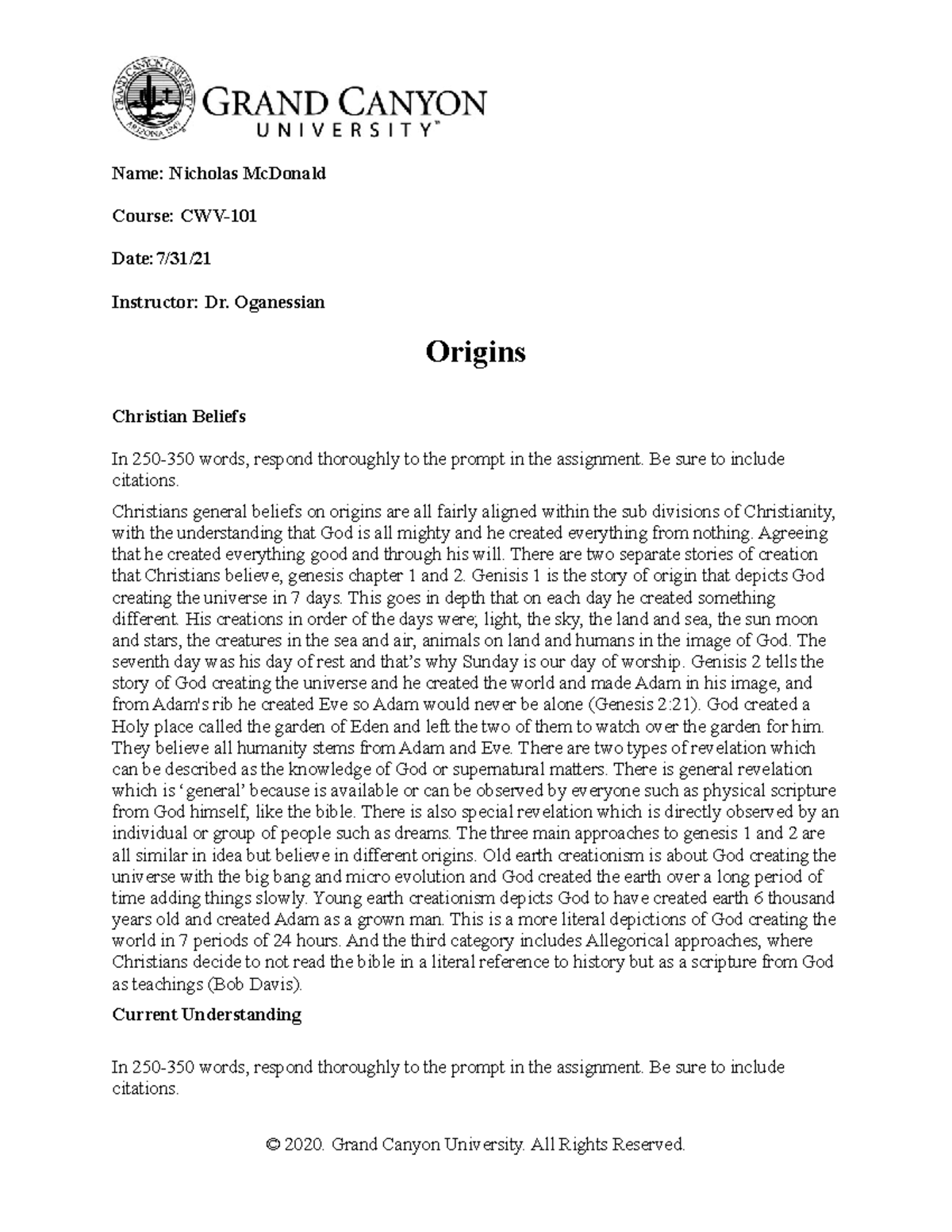 Origins worksheet 2021 week 2 homework - Name: Nicholas McDonald Course ...