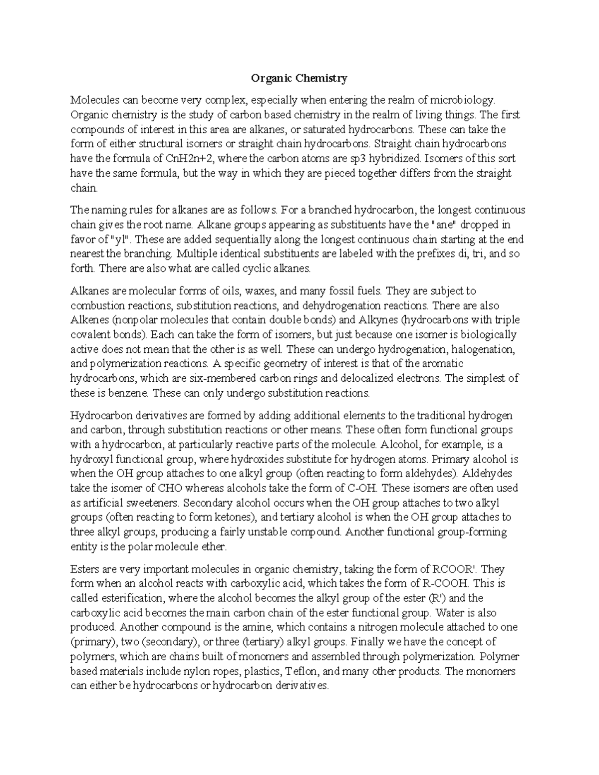 CHEM 101 Lesson 16 Organic Chemistry - Organic Chemistry Molecules can ...