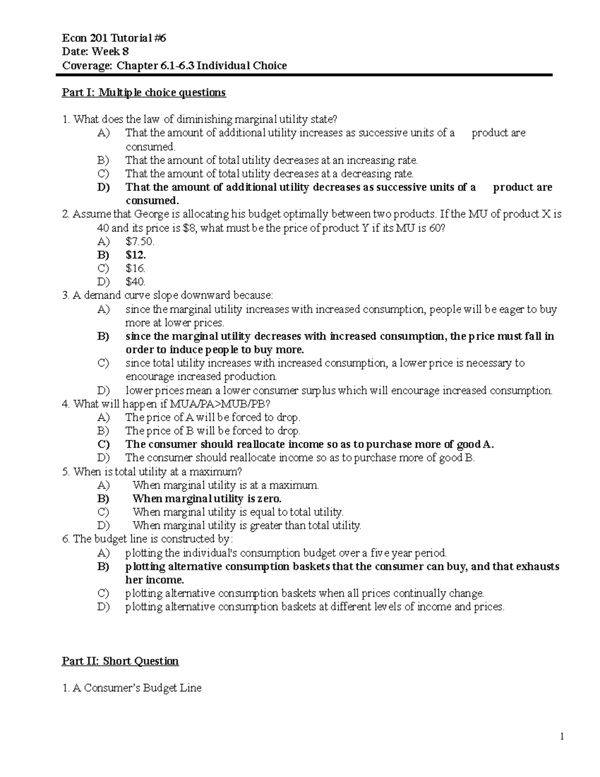 201 tutorial answers 6 - Exercises - Econ 201 Tutorial # Date: Week 8 Coverage: Chapter 6.1-6 ...
