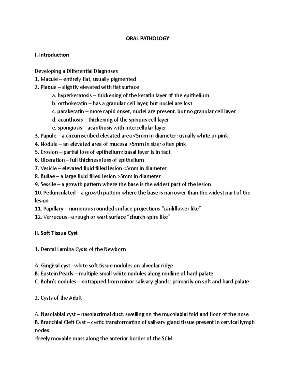 ORAL Pathology - Lecture notes - ORAL PATHOLOGY I. Introduction ...