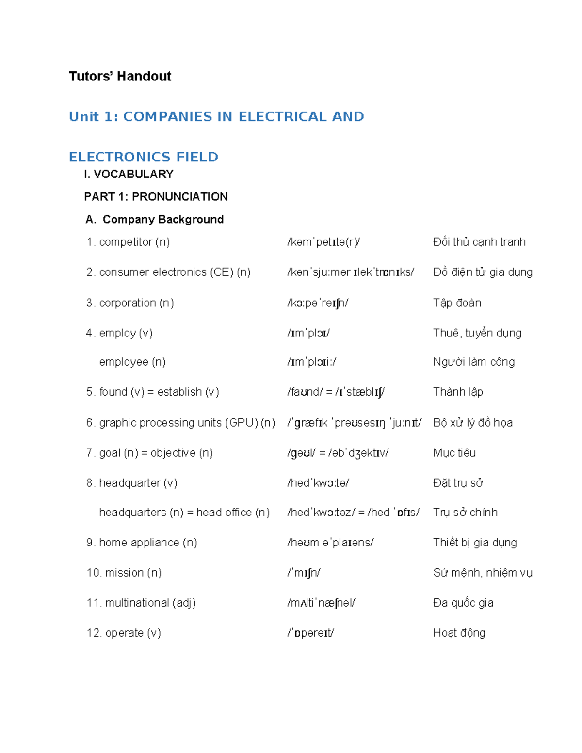 Key tthd - tieensg anh dt1 - Tutors’ Handout Unit 1: COMPANIES IN ...