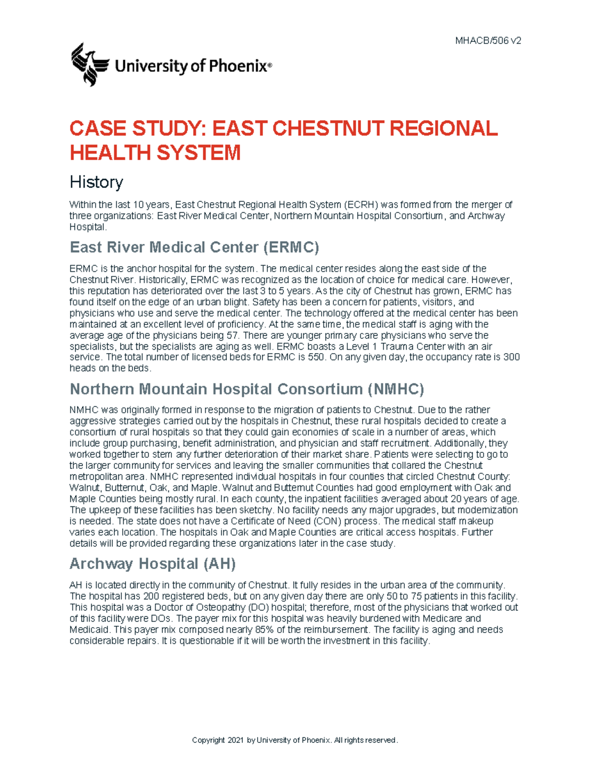 Mhacb 506 v2 case study east chestnut regional health system - MHACB/506 v CASE STUDY: EAST ...