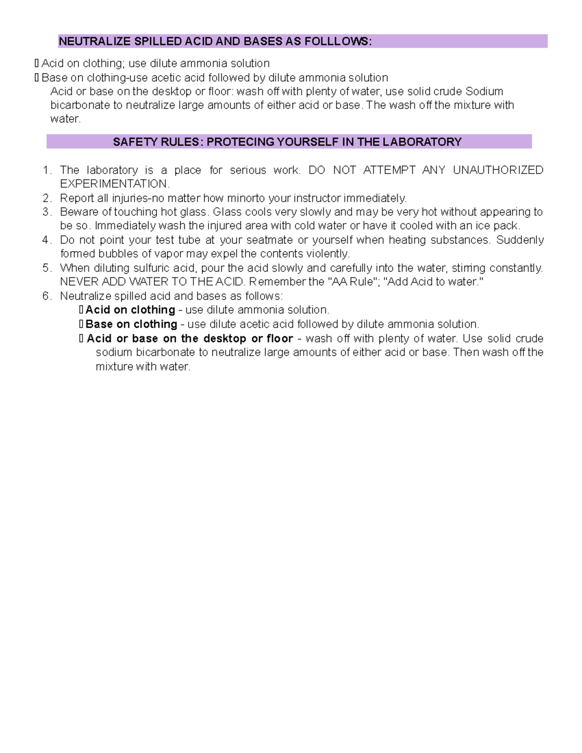 Neutralize Spilled ACID AND Bases AS Folllows - NEUTRALIZE SPILLED ACID ...