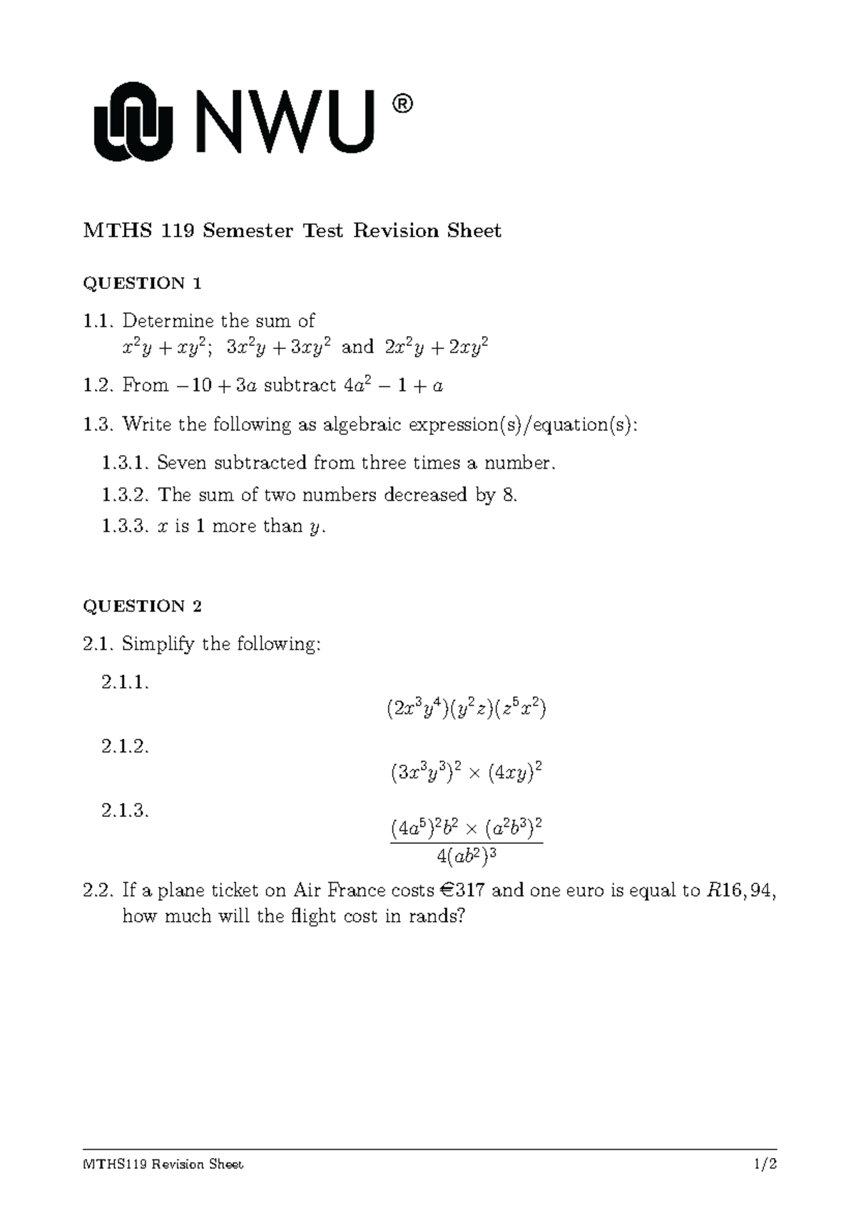 Semester Test Revision Sheet - MTHS 119 Semester Test Revision Sheet ...