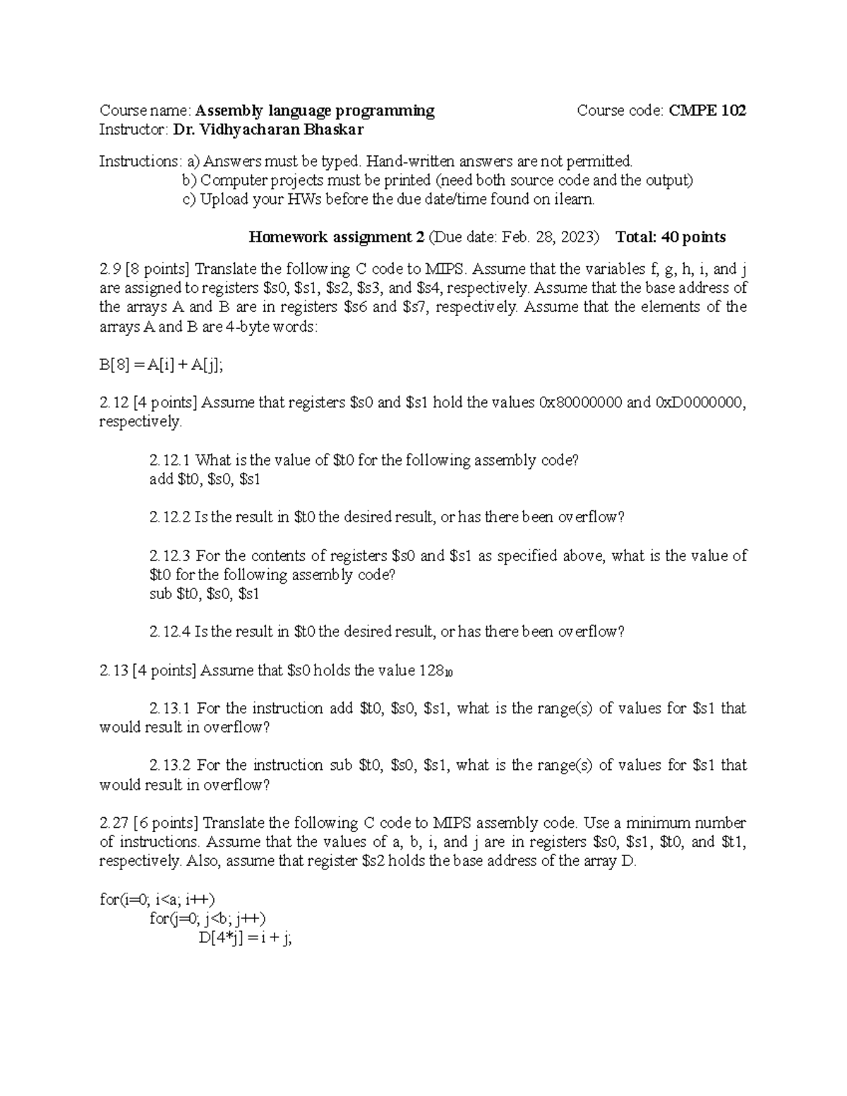 HW-2-due-Feb-28, 2023 - Course name: Assembly language programming Course code: CMPE 102 ...