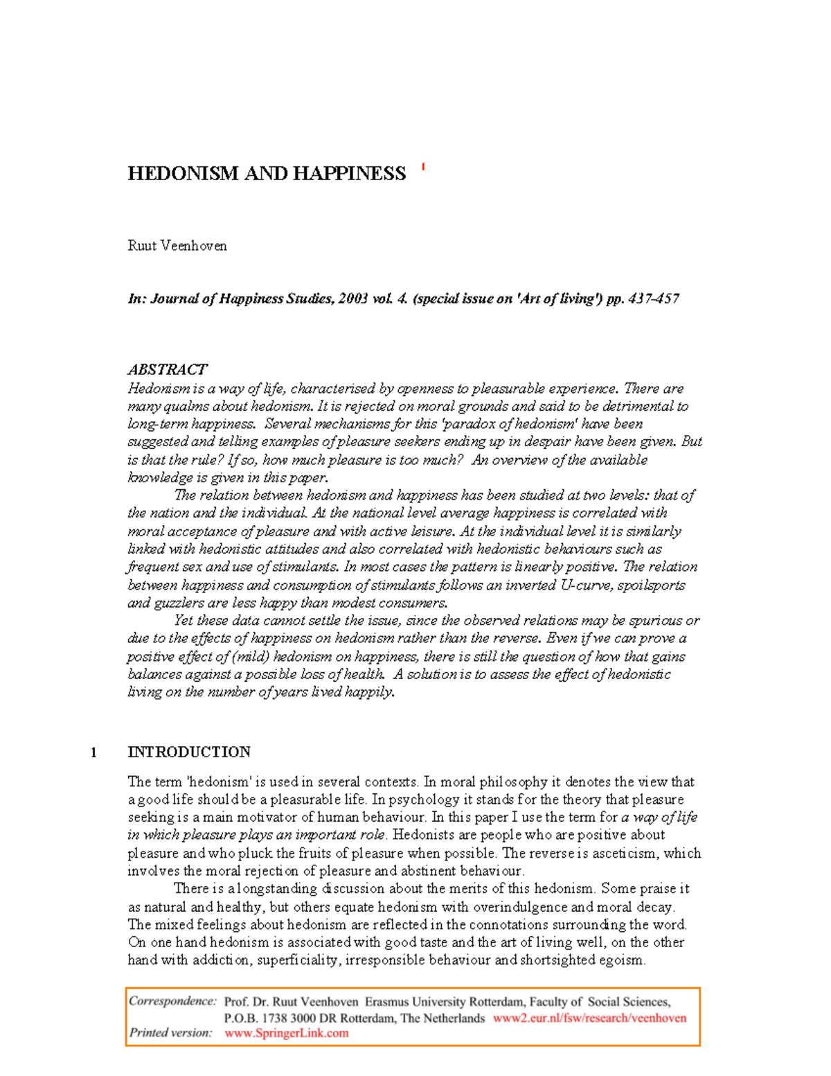 Happiness IN Society - 2003 c-full - HEDONISM AND HAPPINESS . Ruut ...