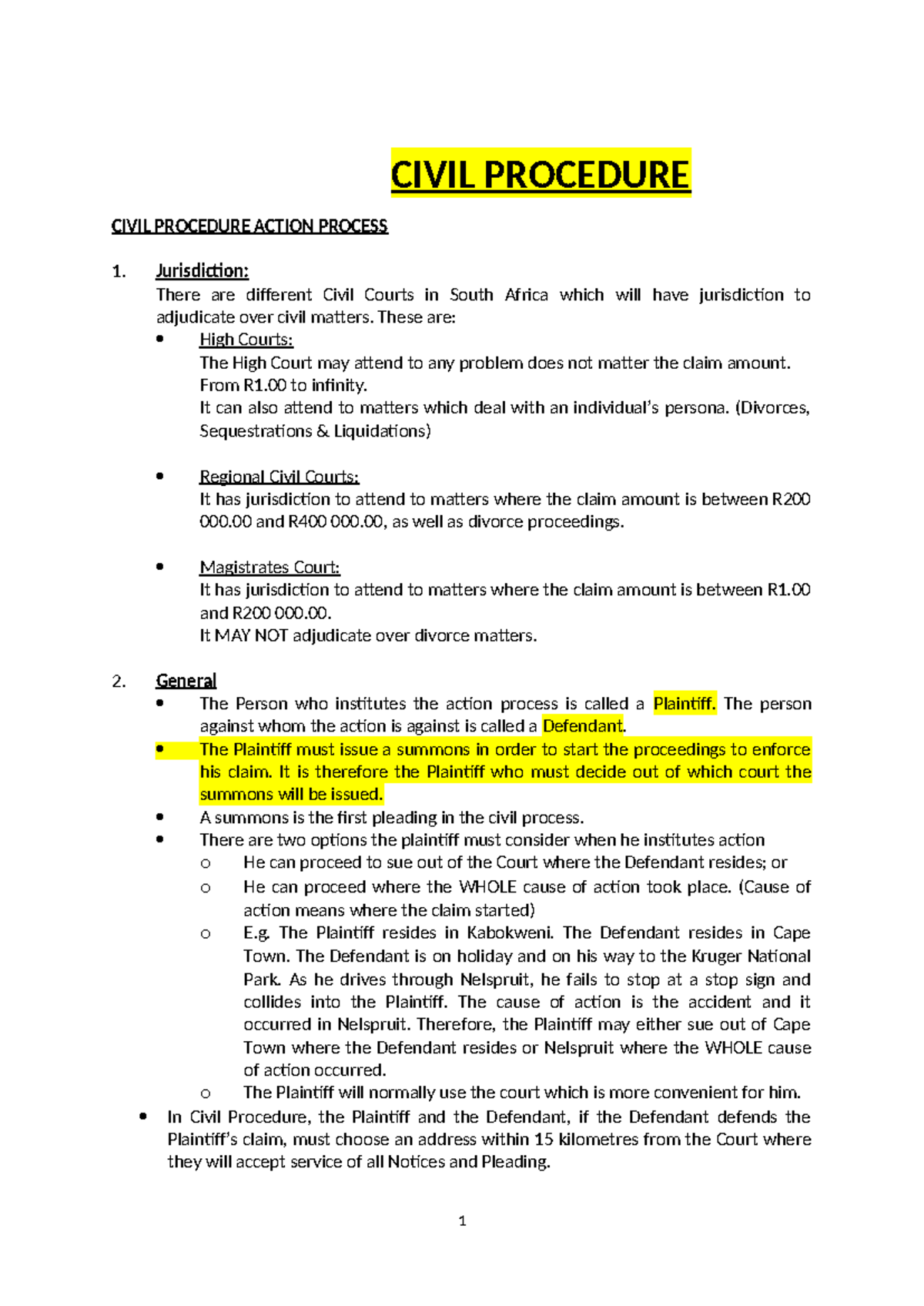 2023 - CIP216D Notes - CIVIL PROCEDURE CIVIL PROCEDURE ACTION PROCESS ...