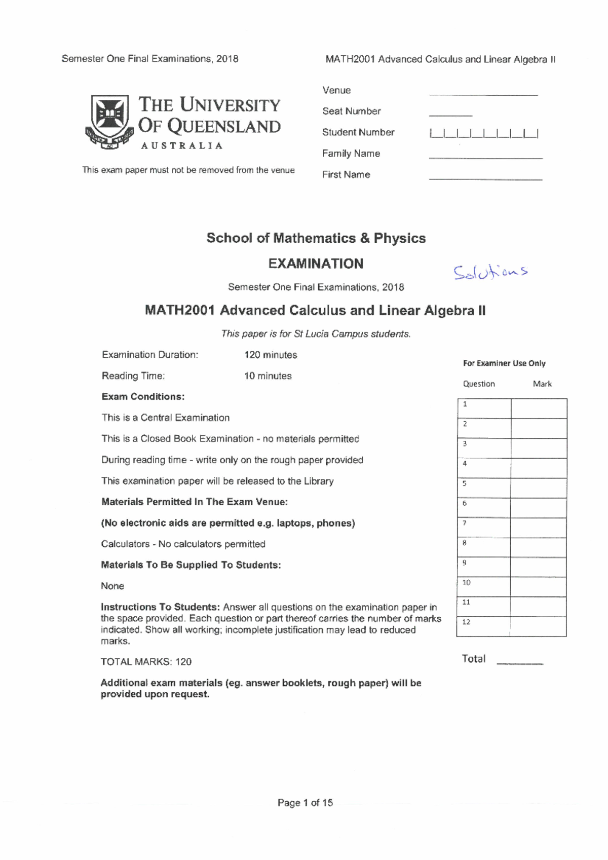 Semester One Final Examinations 2018 MATH2001 Solutions - MATH2001 ...