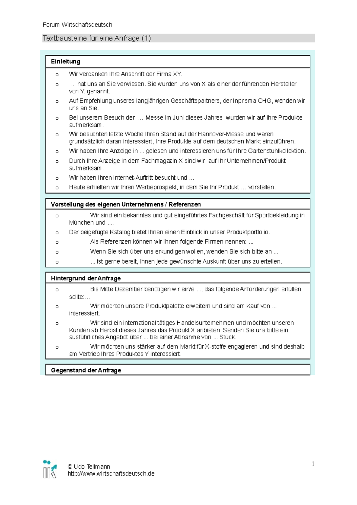 Korrespondenz-textbausteine-anfrage - Forum Wirtschaftsdeutsch ...