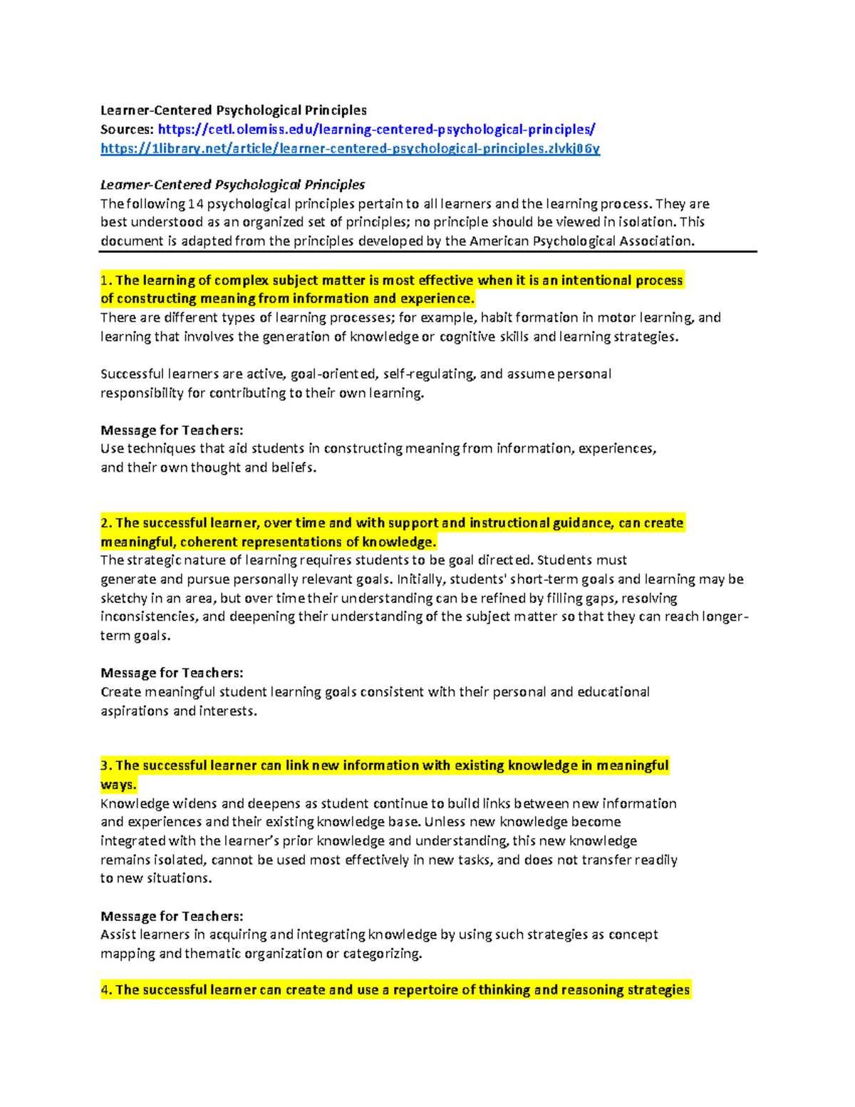 Compiled Notes - Learner-Centered Psych Principles - Learner-Centered ...