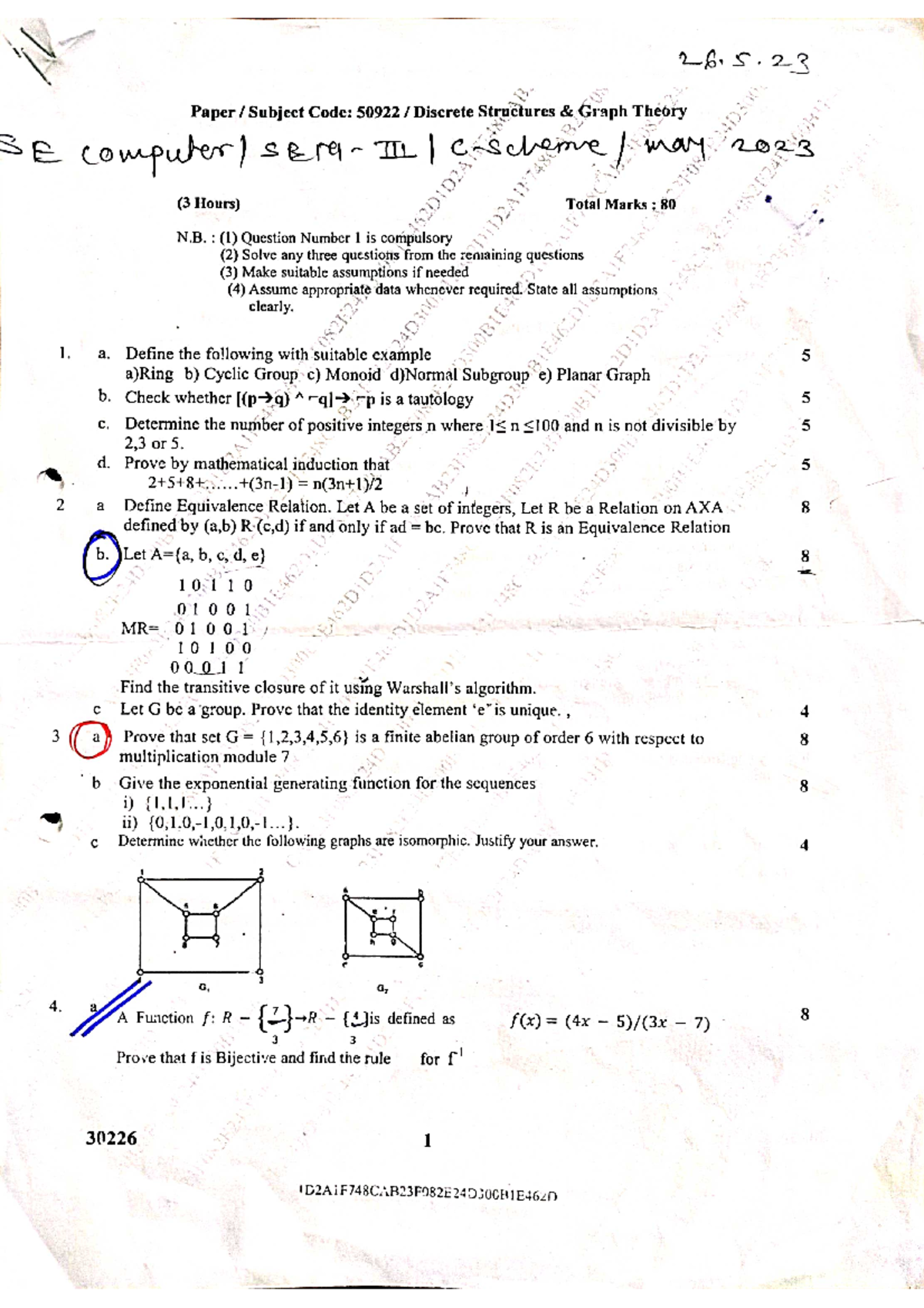DSGT Questions Papers - 26.5 Paper Subject Code: 50922 Discrete Structures Graph Theory SE ...