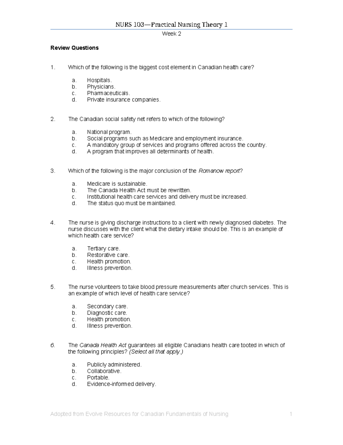 Review Questions-Week 2-Students - NURS 103—Practical Nursing Theory 1 Week 2 Review Questions ...