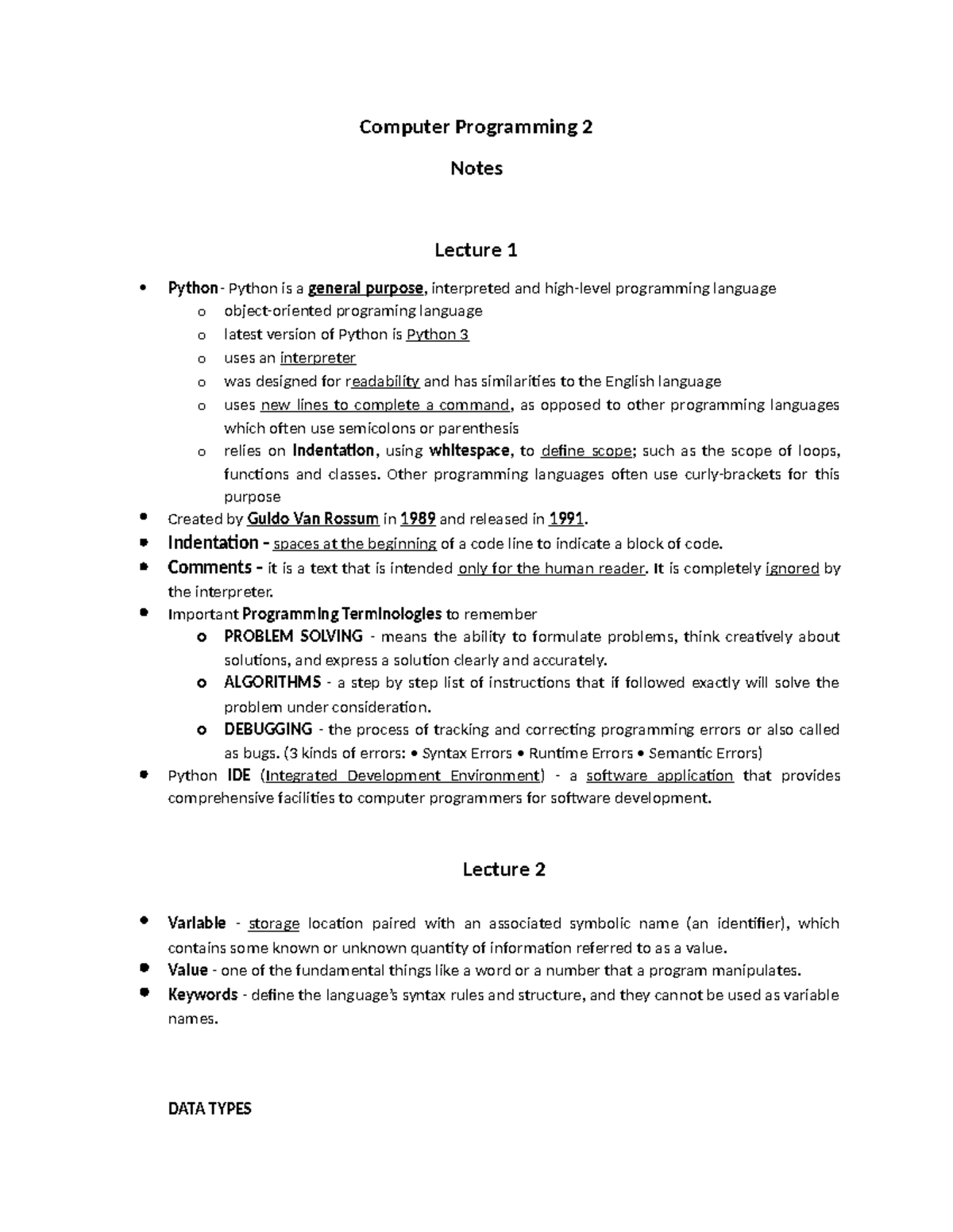 Computer Programming 2 notes - Computer Programming 2 Notes Lecture 1 ...