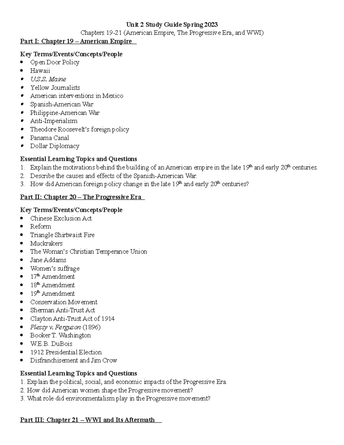 Unit 2 Study Guide - Unit 2 Study Guide Spring 2023 Chapters 19-21 ...