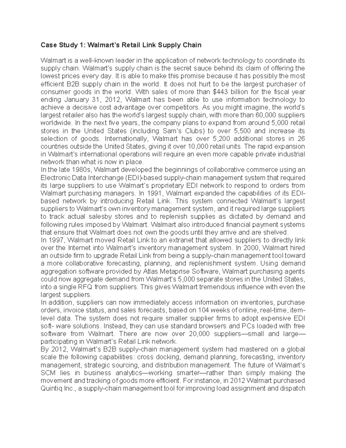 Chapter 2 Case Study - SCM - Case Study 1: Walmart’s Retail Link Supply ...