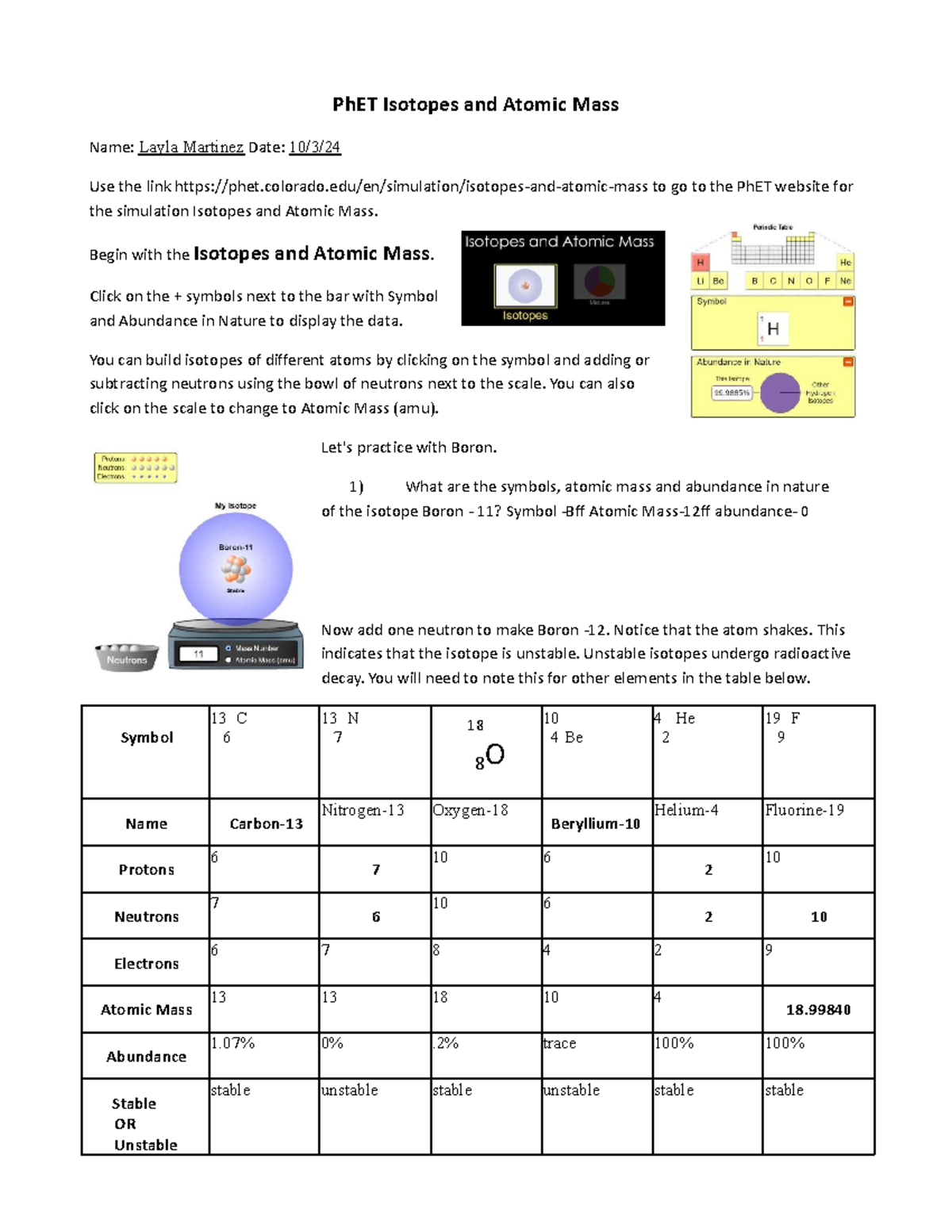 Copy of Wk7 Chem A Isotopes Lab - PhET Isotopes and Atomic Mass Name ...