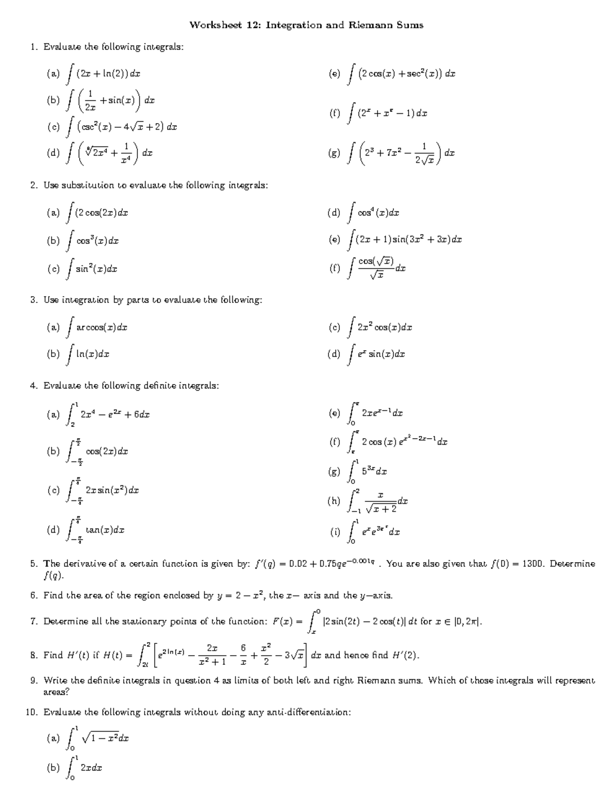 MAM1020F Worksheet 12 - Worksheet 12: Integration and Riemann Sums 1 ...