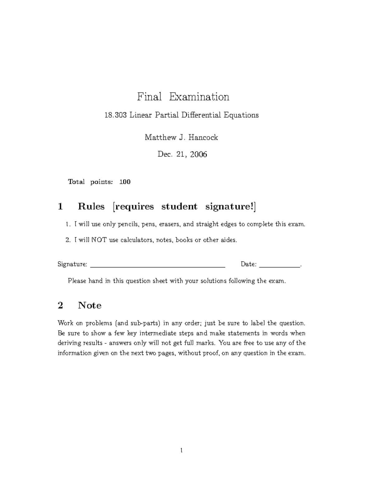 Finalsoln - Solutions to practice final exam for 18.03, worth 20% of ...