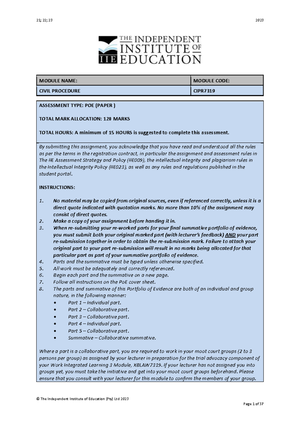 CIPR7319 POE copy - poe - MODULE NAME: MODULE CODE: CIVIL PROCEDURE ...