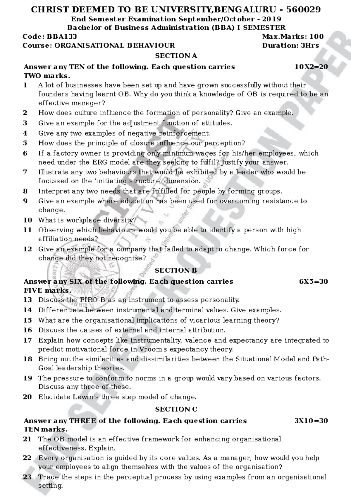 BBA133 - Question Paper - CHRIST DEEMED TO BE UNIVERSITY,BENGALURU ...