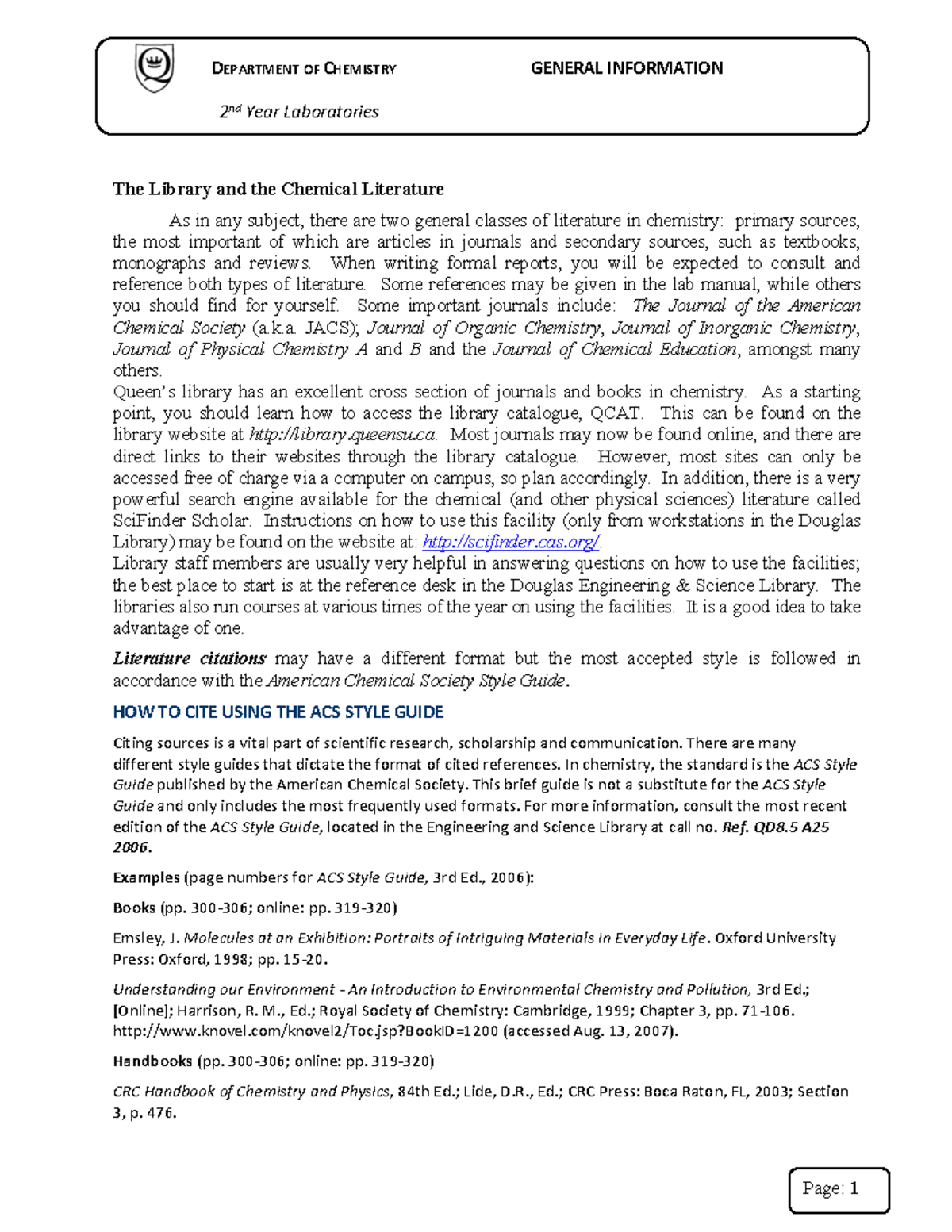Citations For Lab DEPARTMENT OF CHEMISTRY GENERAL INFORMATION 2 Nd citations-for-lab-department-of-chemistry-general-information-2-nd