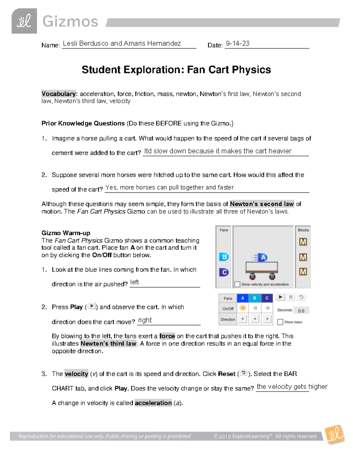 Fan Cart Physics SE - astronomy work - Name ...