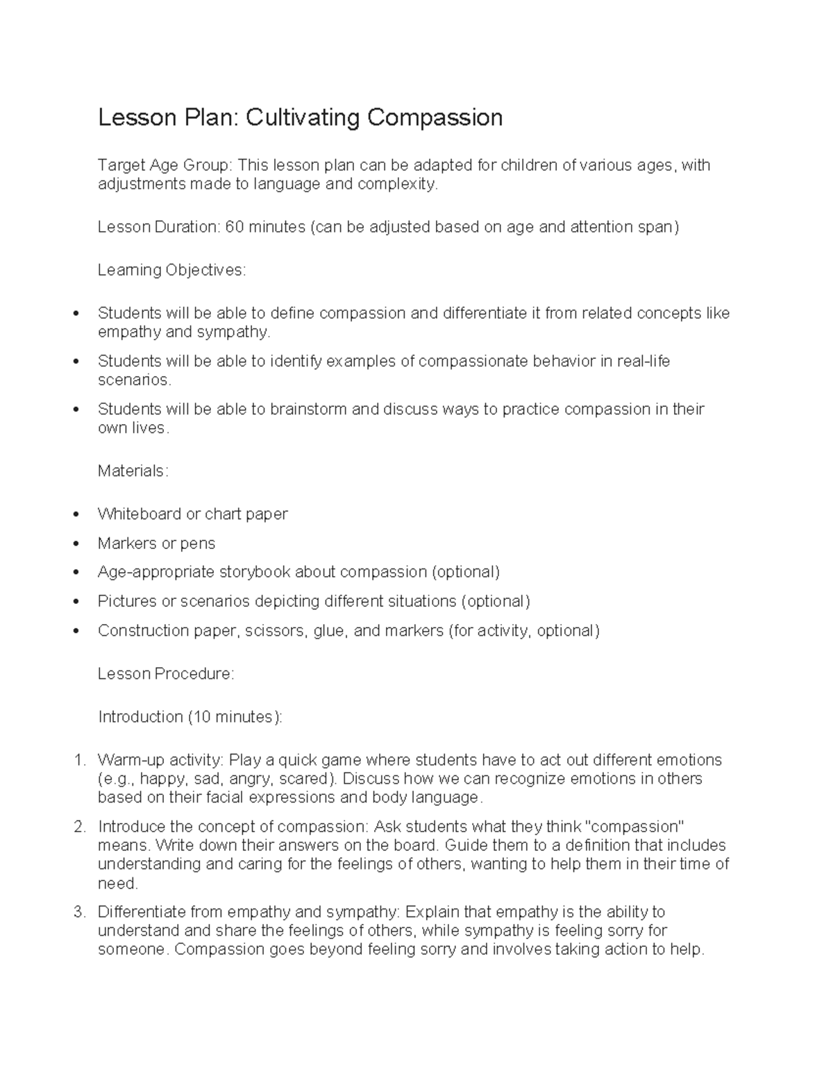 Lesson Plan in Peace Education - Lesson Plan: Cultivating Compassion ...