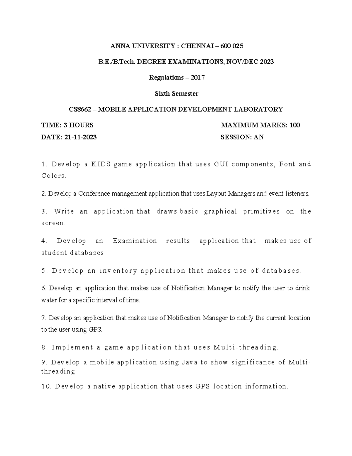 CS8662 MAD LAB - ANNA UNIVERSITY : CHENNAI – 600 025 B.E./B. DEGREE ...