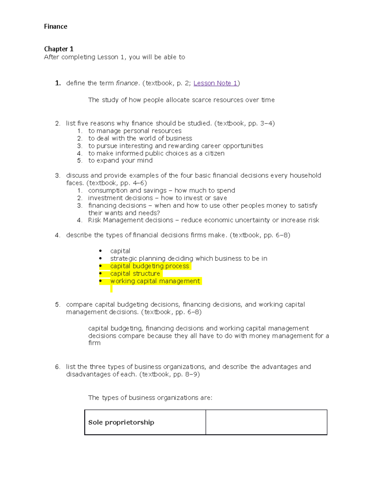 Finance notes for studying - Chapter 1 After completing Lesson 1, you ...