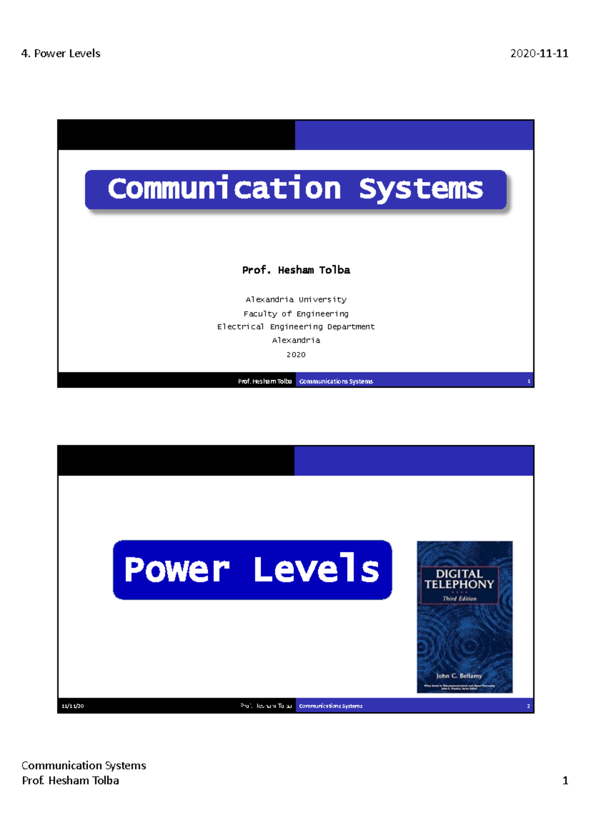 4 Power Levels - communication systems - Communication Systems Prof. Hesham Tolba Communication ...
