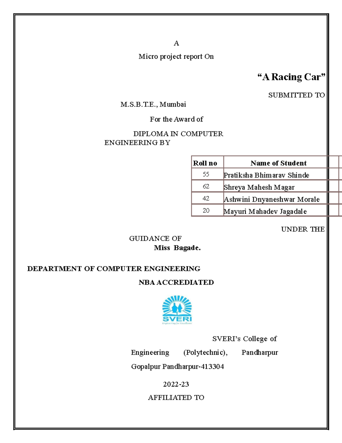 DTE microproject final (2 - A Micro project report On “A Racing Car” SUBMITTED TO M.S.B.T ...