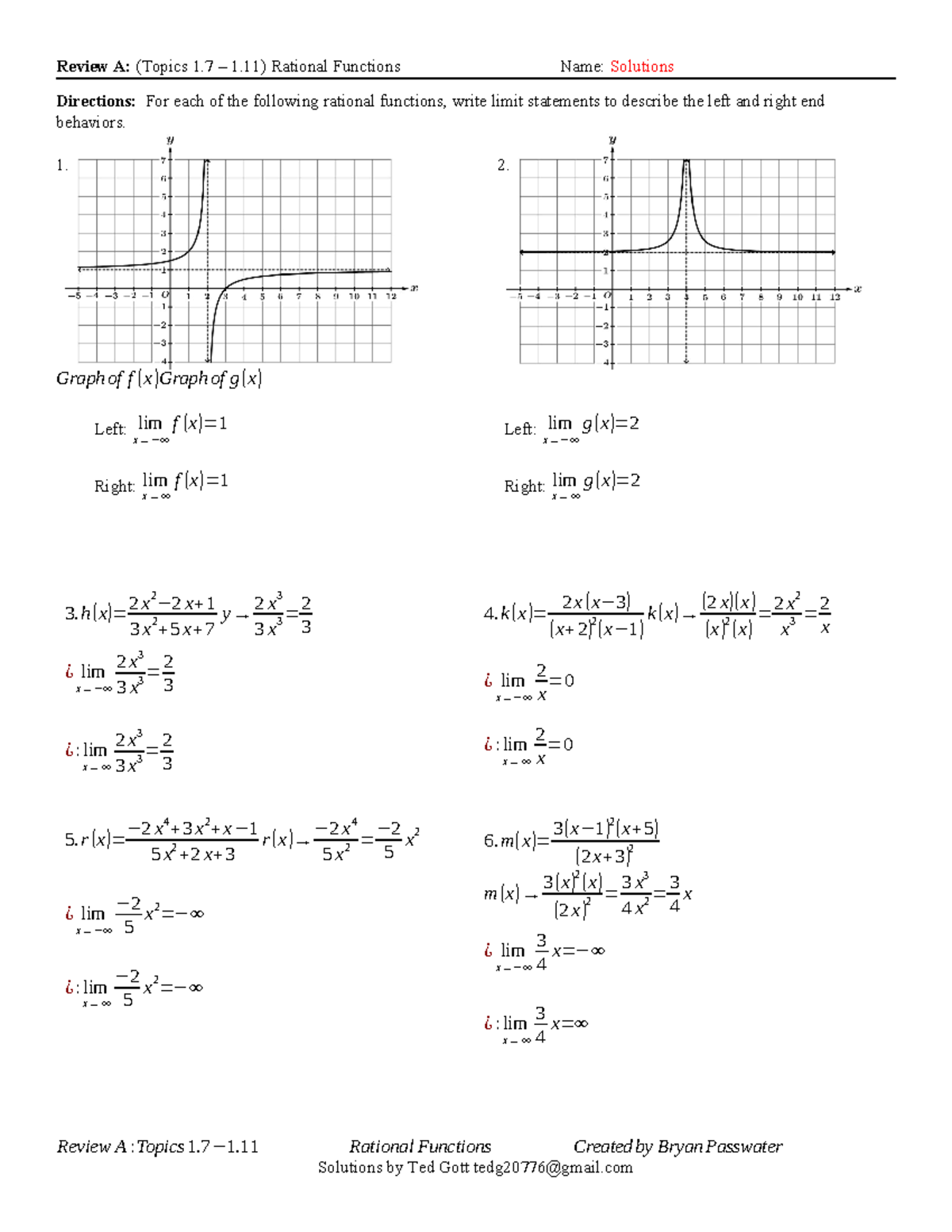 Review A Key Topics 1.7 - 1.11 Rational Functions - Review A: (Topics 1 – 1) Rational Functions ...
