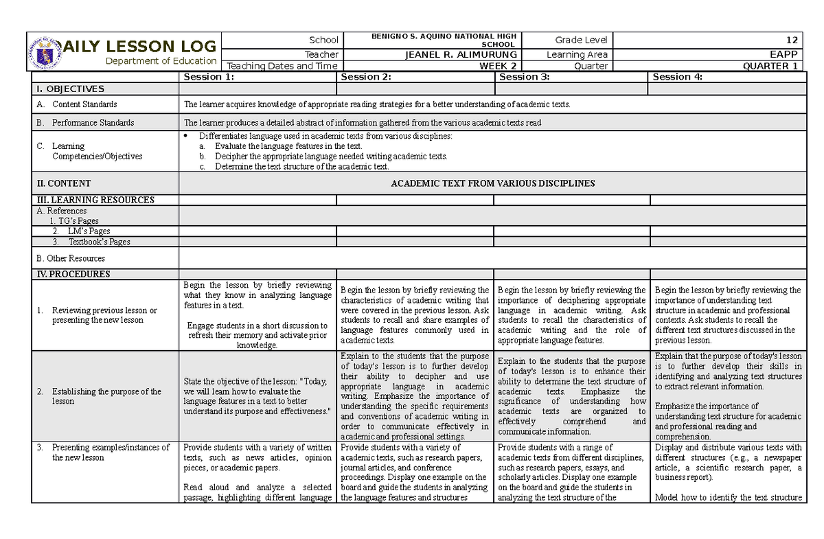 EAPP Quarter 3 WEEK1 - study - DAILY LESSON LOG Department of Education ...