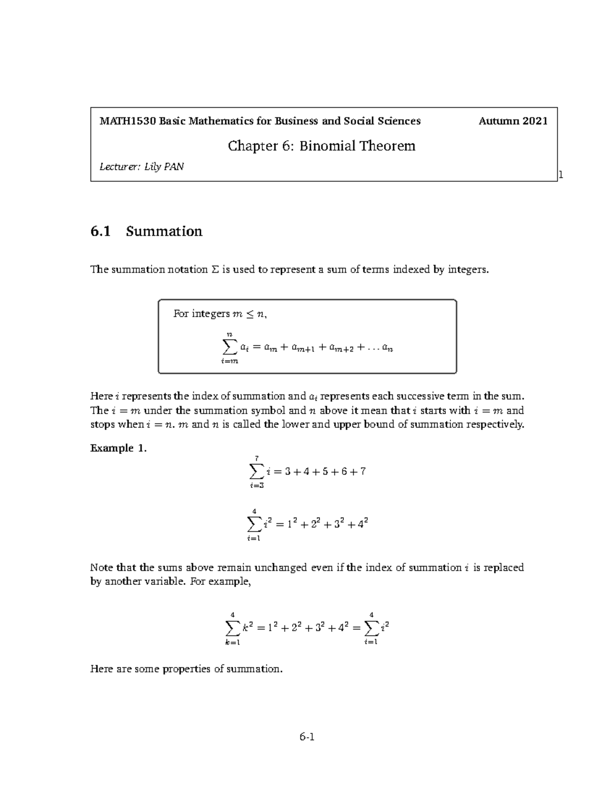 Ch6 Binomial Theorem - MATH1530 Basic Mathematics for Business and ...