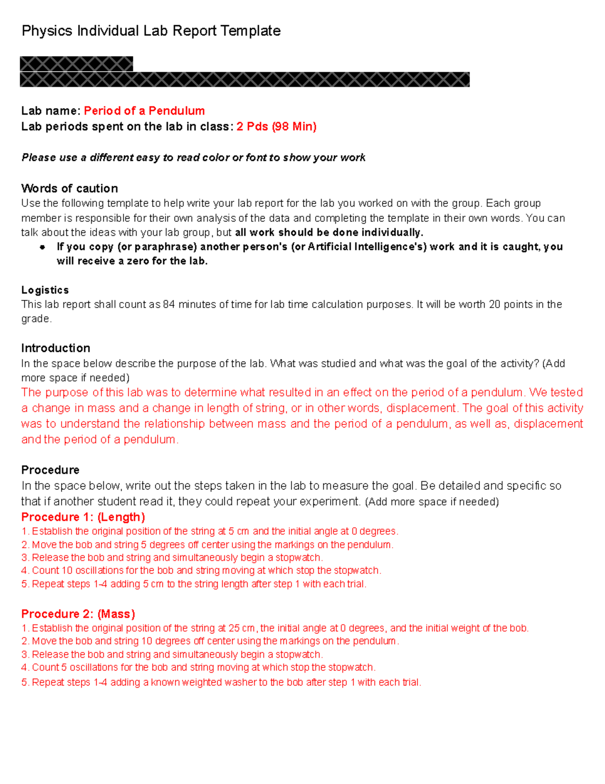 Period of a Pendulum Lab - Physics Individual Lab Report Template Lab ...