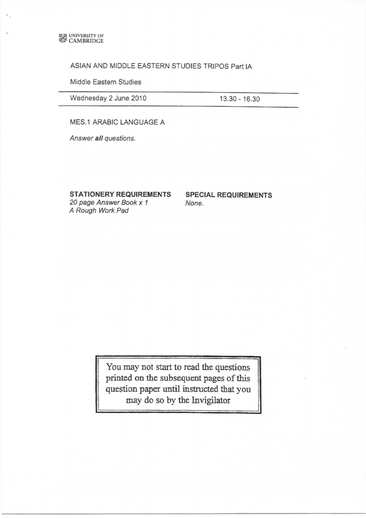 Exam 2010, questions - ASIAN AND MIDDLE EASTERN STUDIES TRIPOS Part IA ...