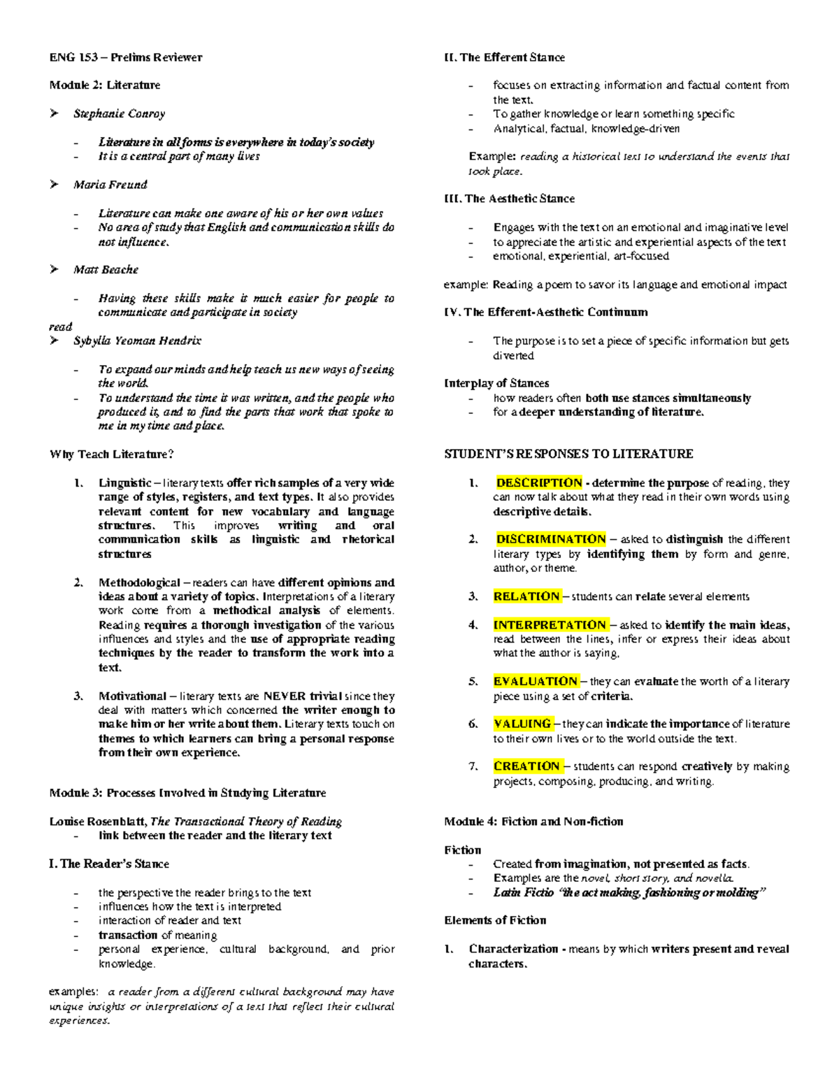 ENG-153 - notes - ENG 153 – Prelims Reviewer Module 2: Literature ...