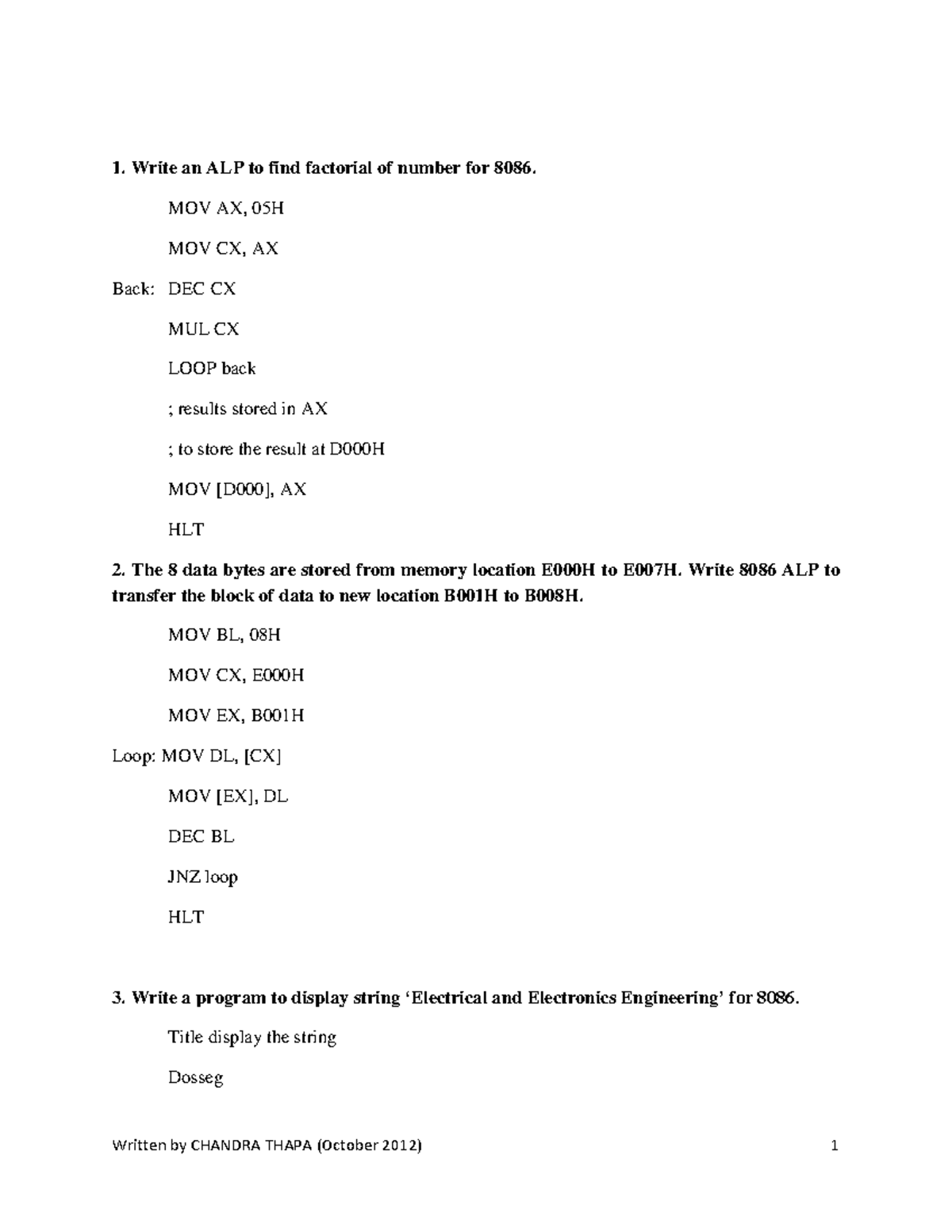 8086program The 8086 Assembly Language Programming Alp Refers To