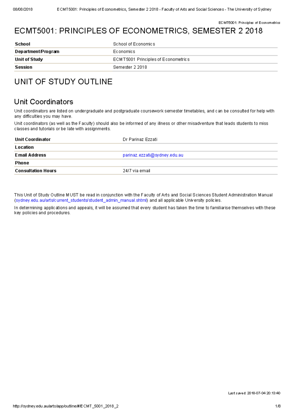 ECMT5001 Principles of Econometrics, Semester 2 2018 - Faculty of Arts and Social Sciences - The ...