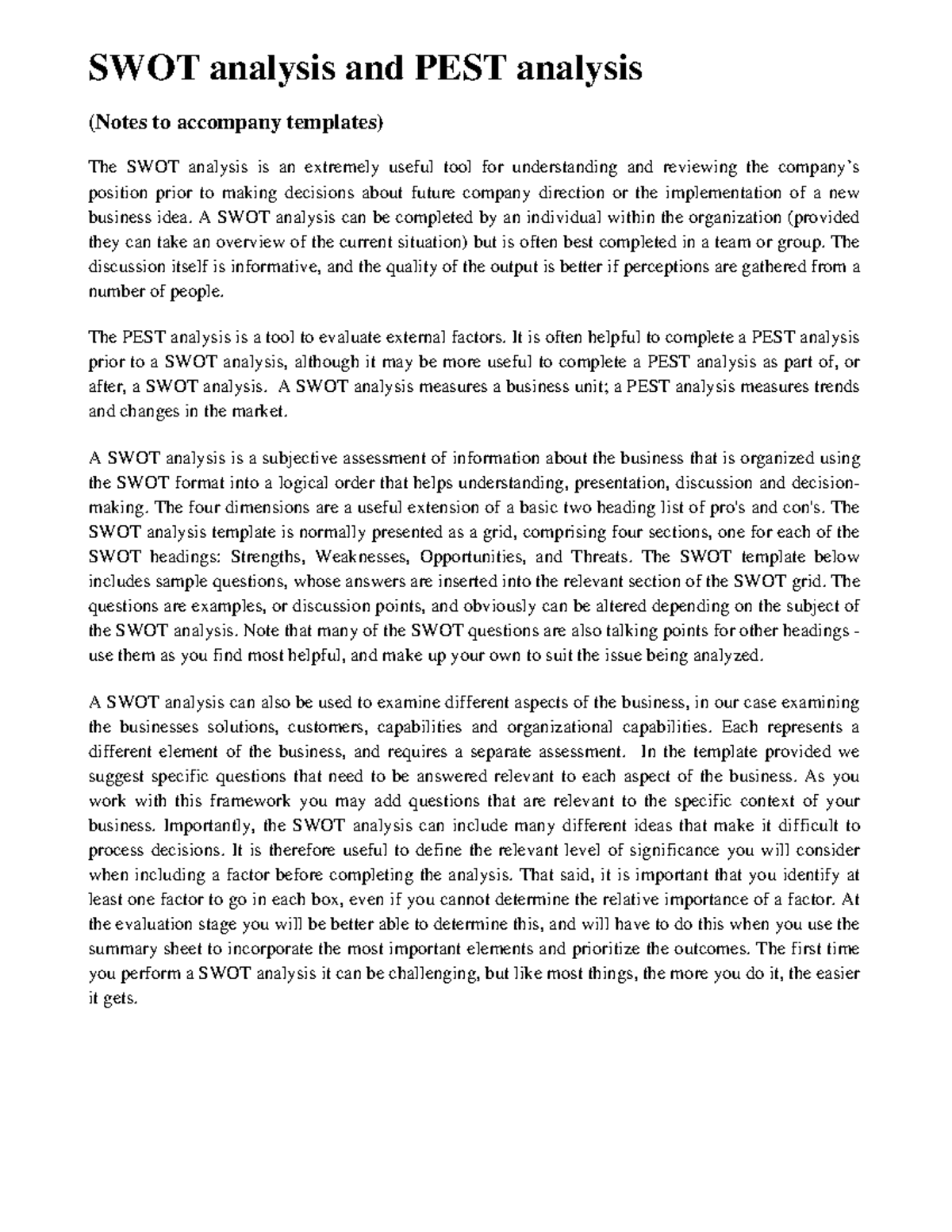 SWOT Analysis Example - SWOT analysis and PEST analysis (Notes to ...