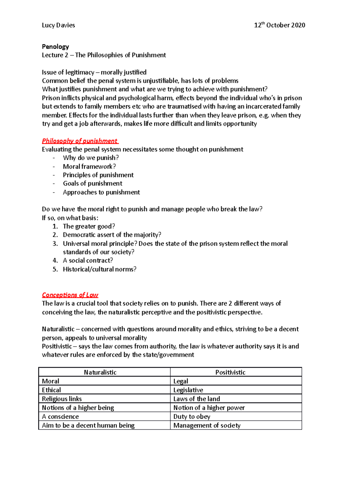 penology lecture 2 notes - Penology Lecture 2 – The Philosophies of ...