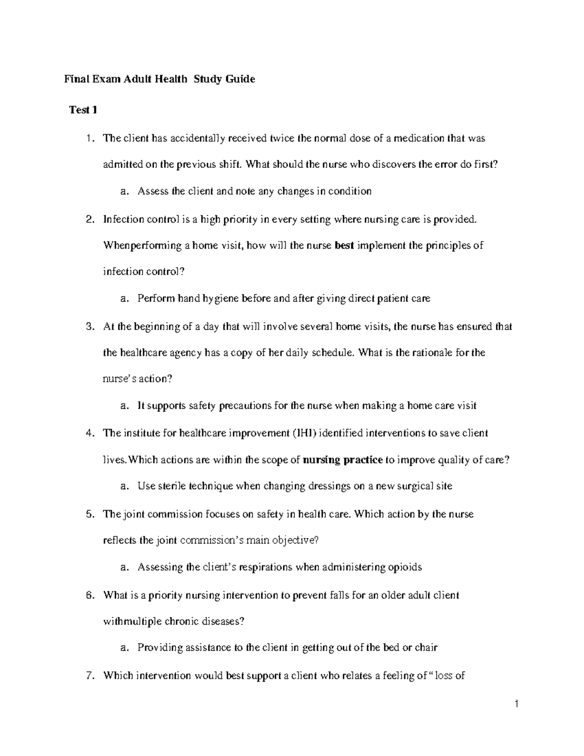 Test 1 Final Exam Adult Heath Guide - Final Exam Adult Health Study ...
