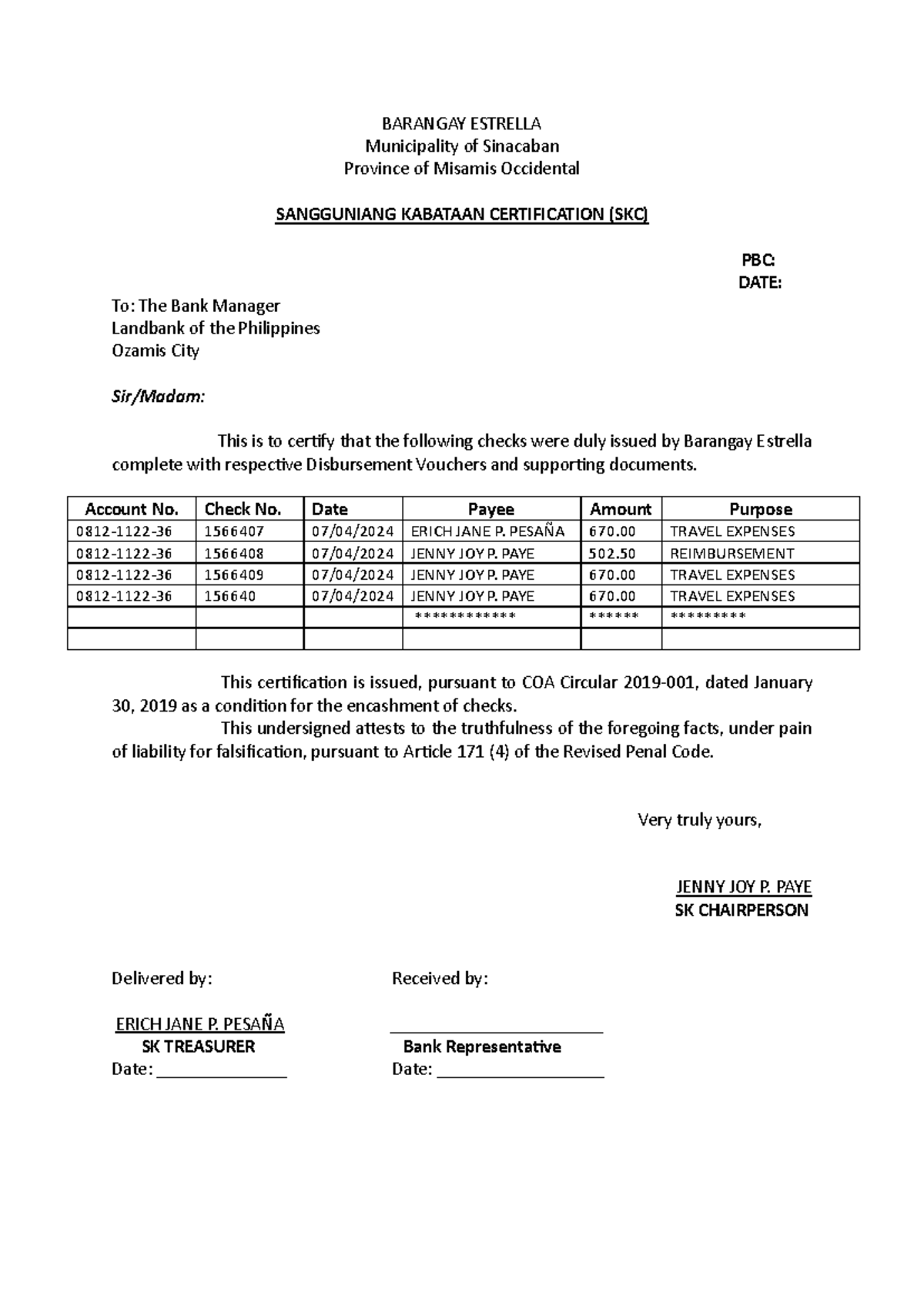 Skc - SKC template - BARANGAY ESTRELLA Municipality of Sinacaban Province of Misamis Occidental ...
