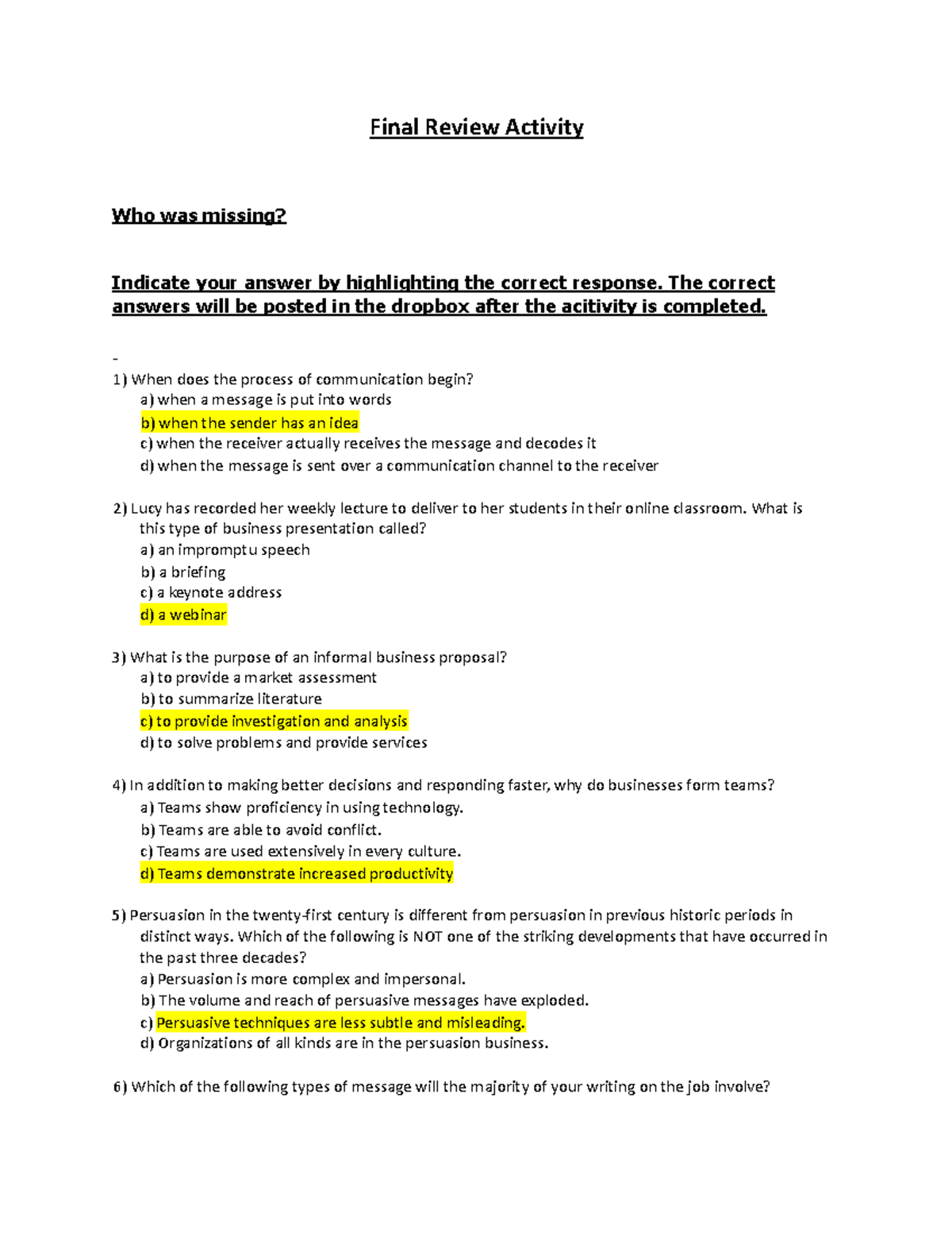 Review Questions - hehe - Final Review Activity Who was missing ...
