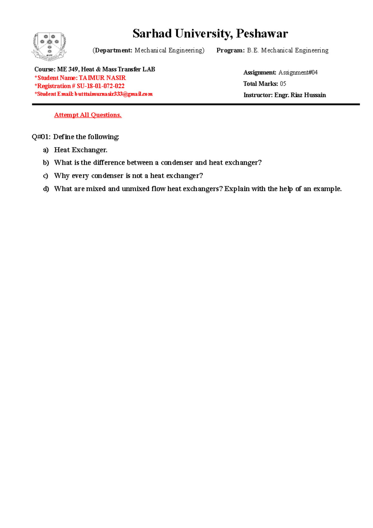 Assignment NO 04 - asjkasjk - Sarhad University, Peshawar (Department ...