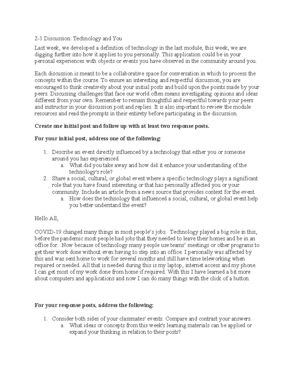 2-1 Discussion - This application could be in your personal experiences ...