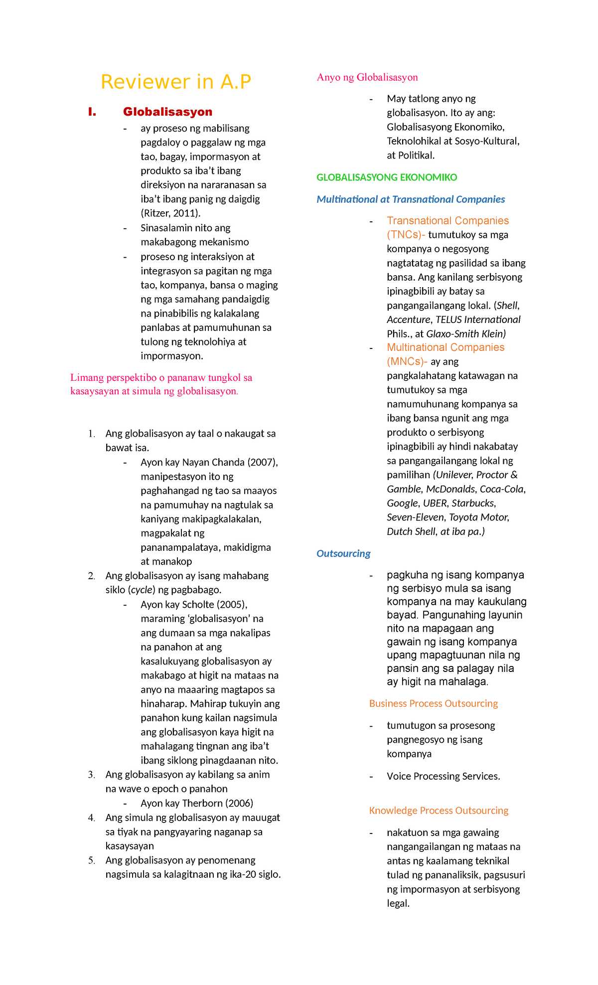 Reviewer in AP G10 Q4 - Reviewer in A I. Globalisasyon ay proseso ng ...