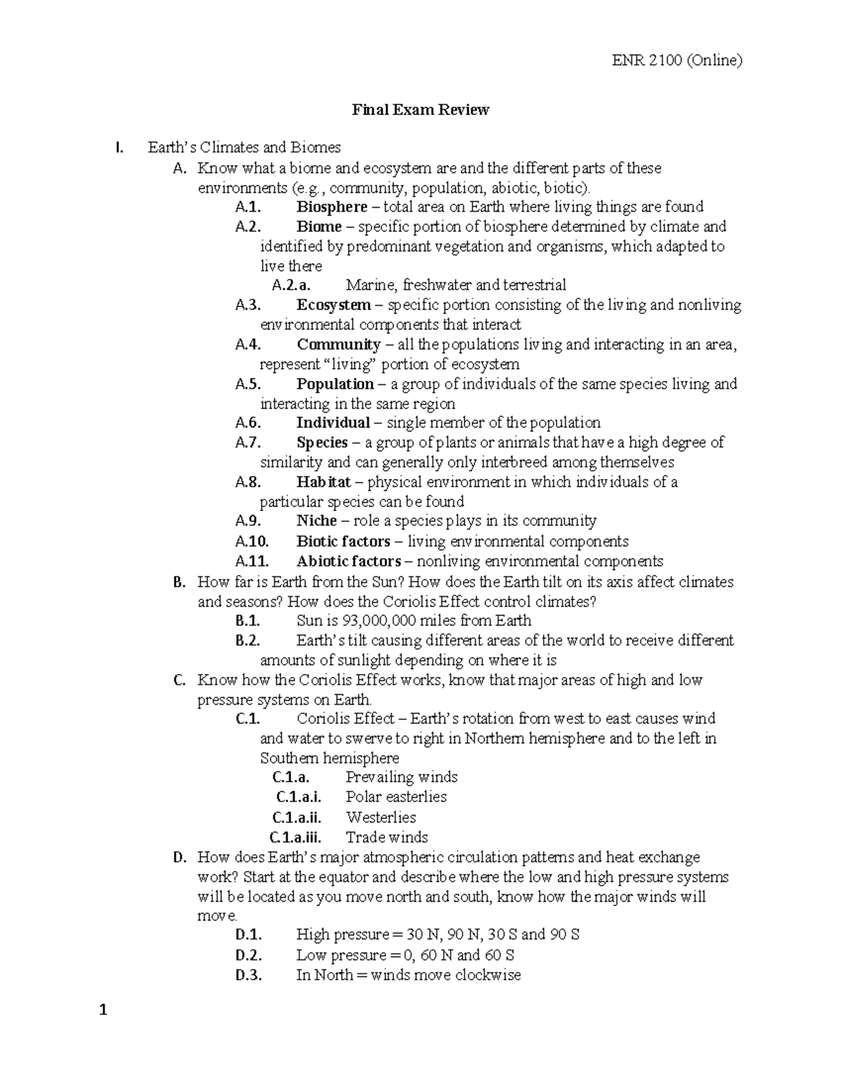 Intro to Environmental Science - Final Exam Guide - ENR 2100 (Online ...