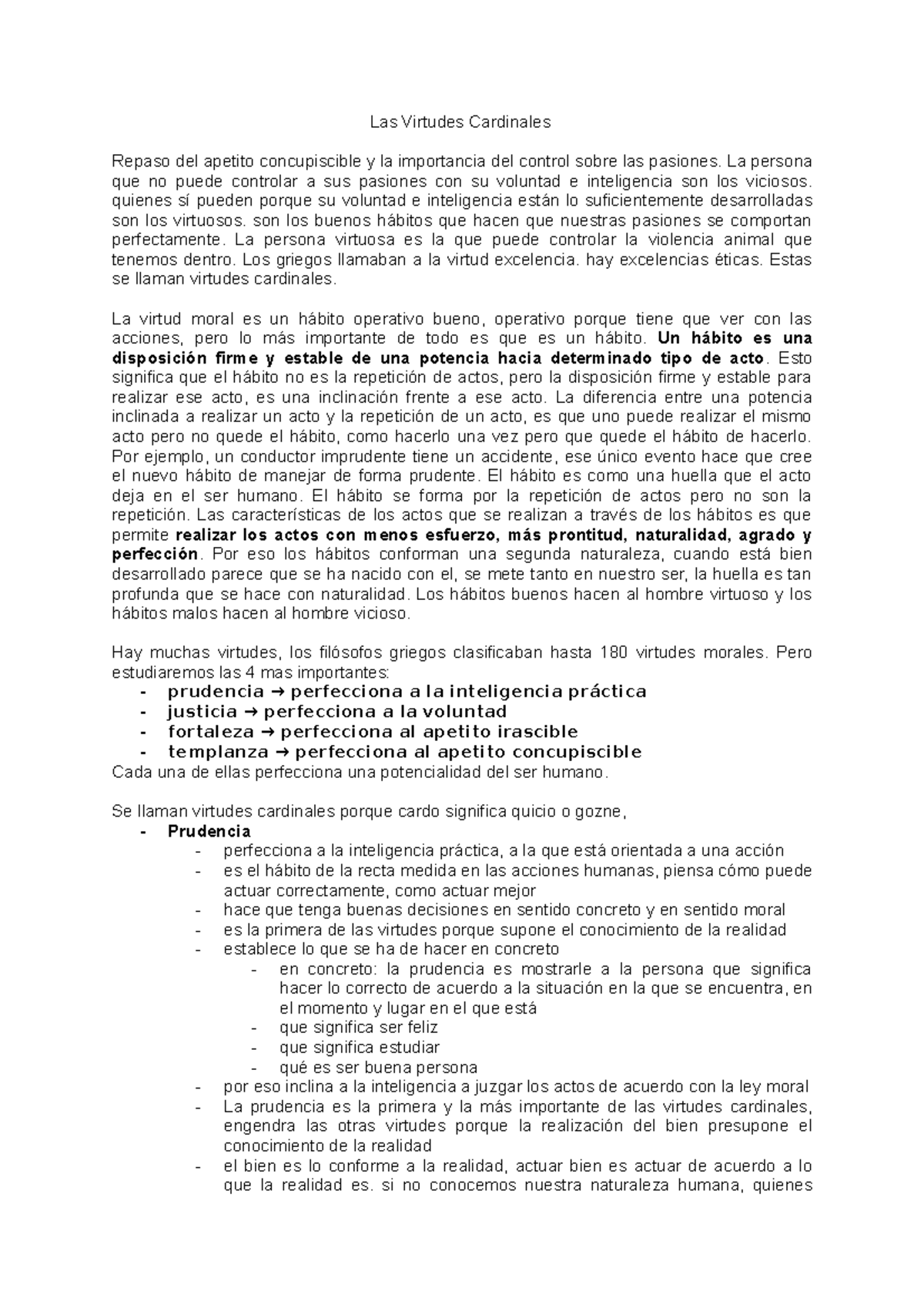 Resumen Etica II - Notas de clase - Las Virtudes Cardinales Repaso del ...